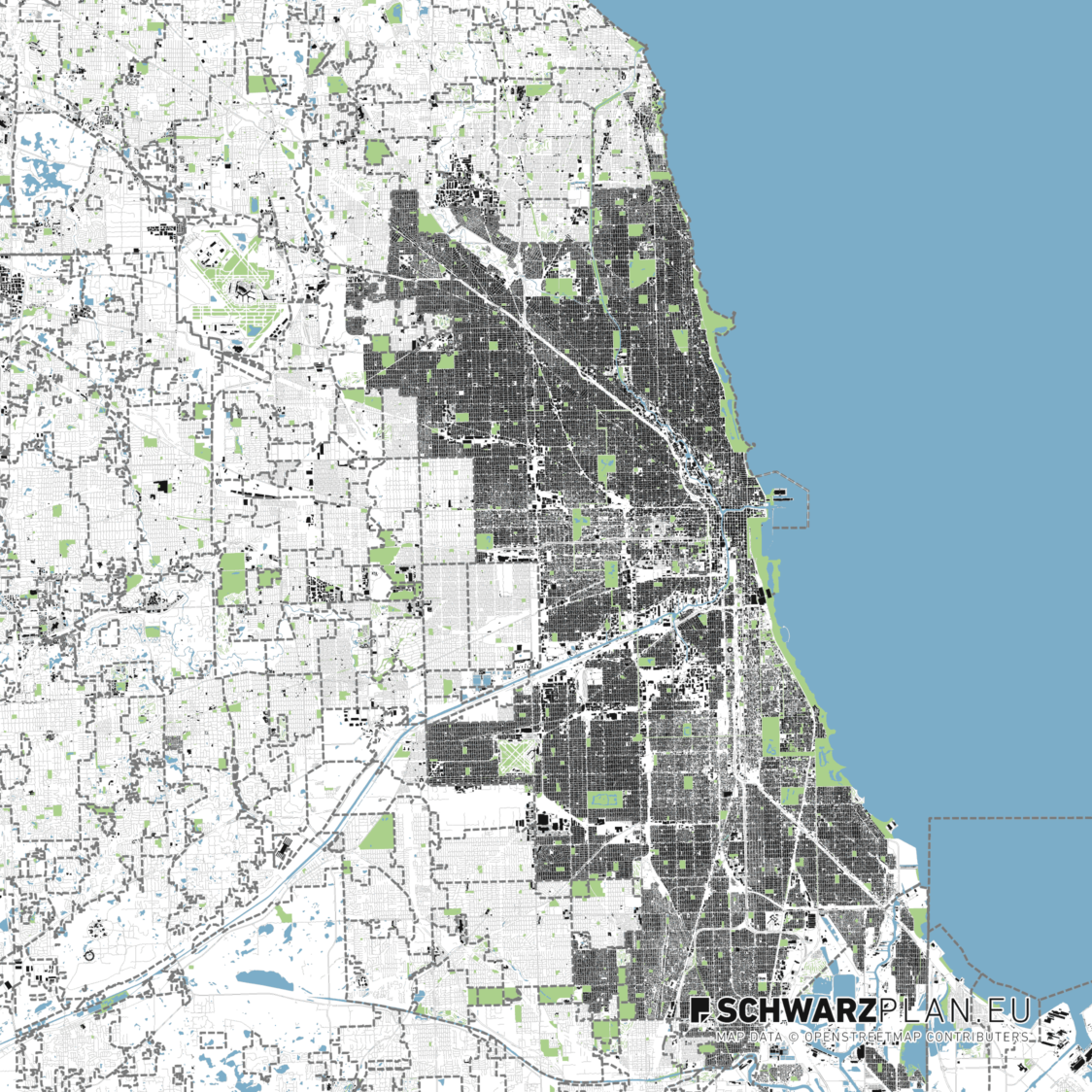 Figure Ground Plan & Site Plan of Chicago for download as PDF, 1:200 000